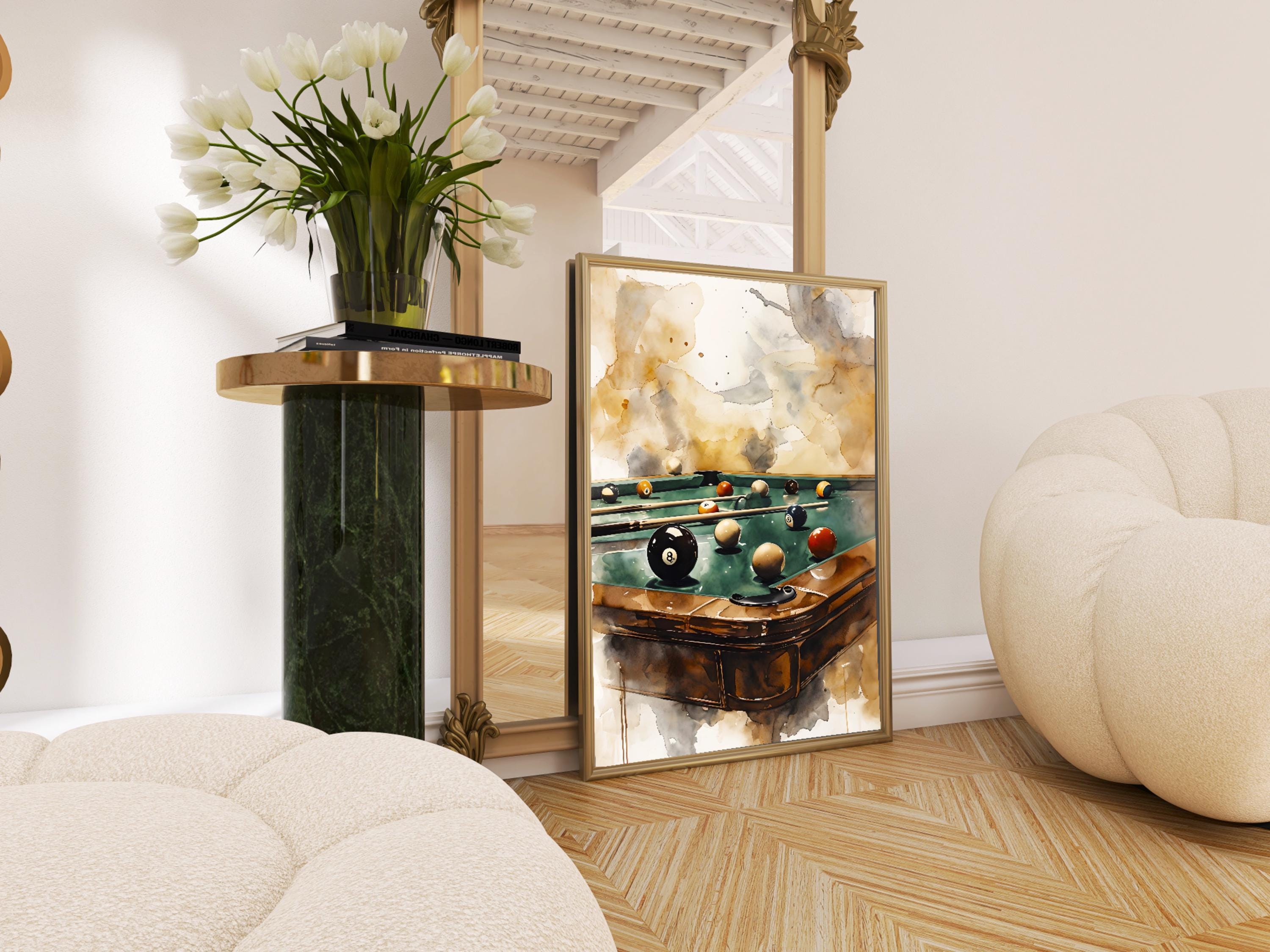 Vintage Billiards Wall Art Print – Pool Table Watercolor Digital ...