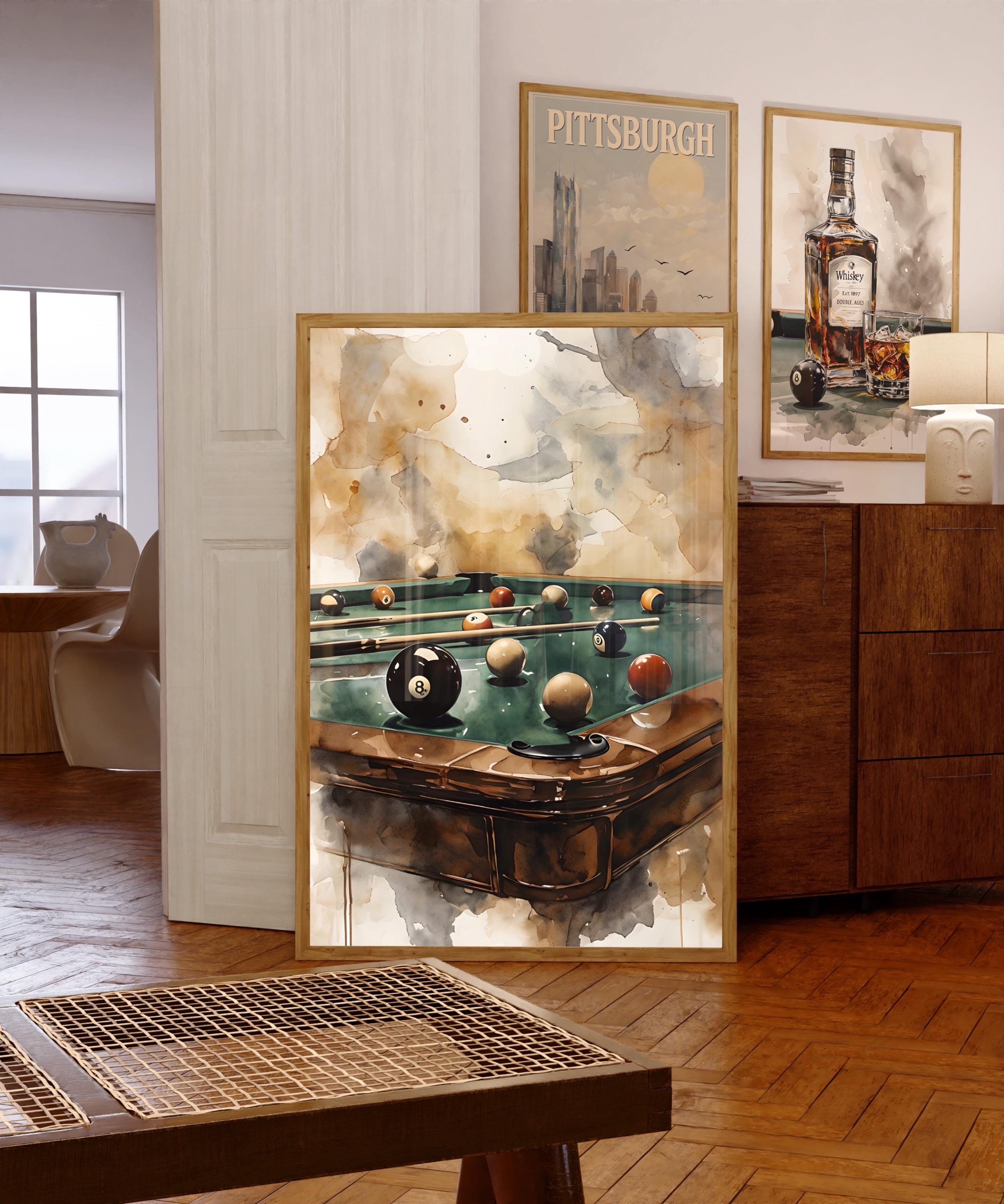 Vintage Billiards Wall Art Print – Pool Table Watercolor Digital ...