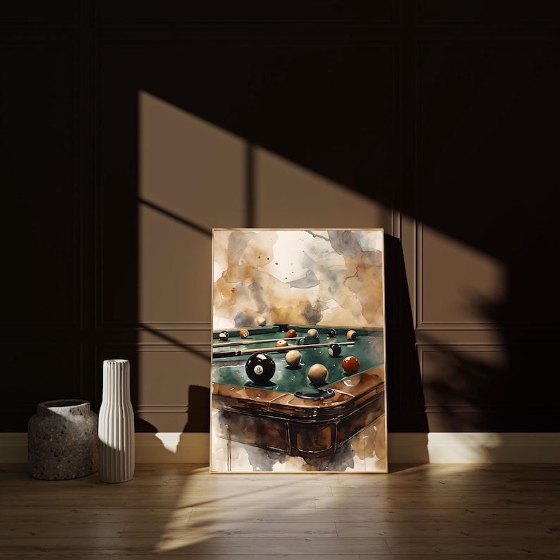 Vintage Billiards Wall Art Print – Pool Table Watercolor Digital ...