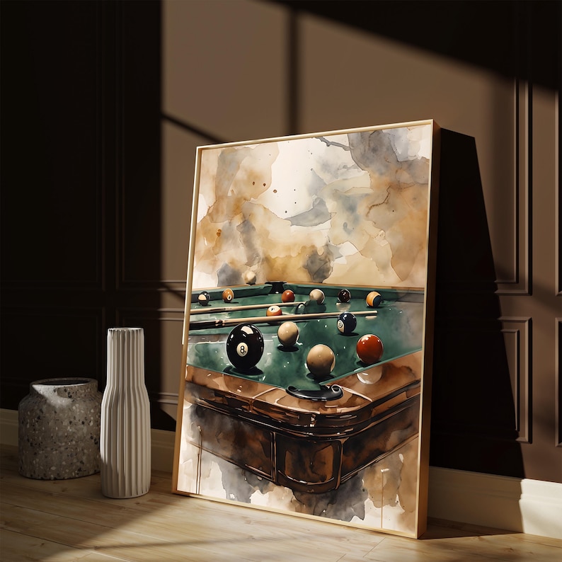 Vintage Billiards Wall Art Print – Pool Table Watercolor Digital ...
