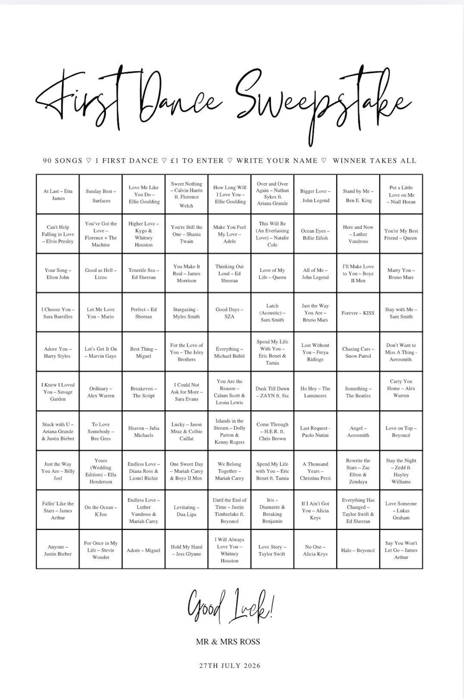 Sweepstake Wedding First Dance Board - Etsy UK