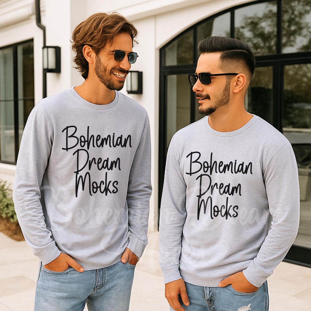 Gildan 2400 Ash Shirt Mockup | 2 Male Models in Long Sleeve Ash Light ...