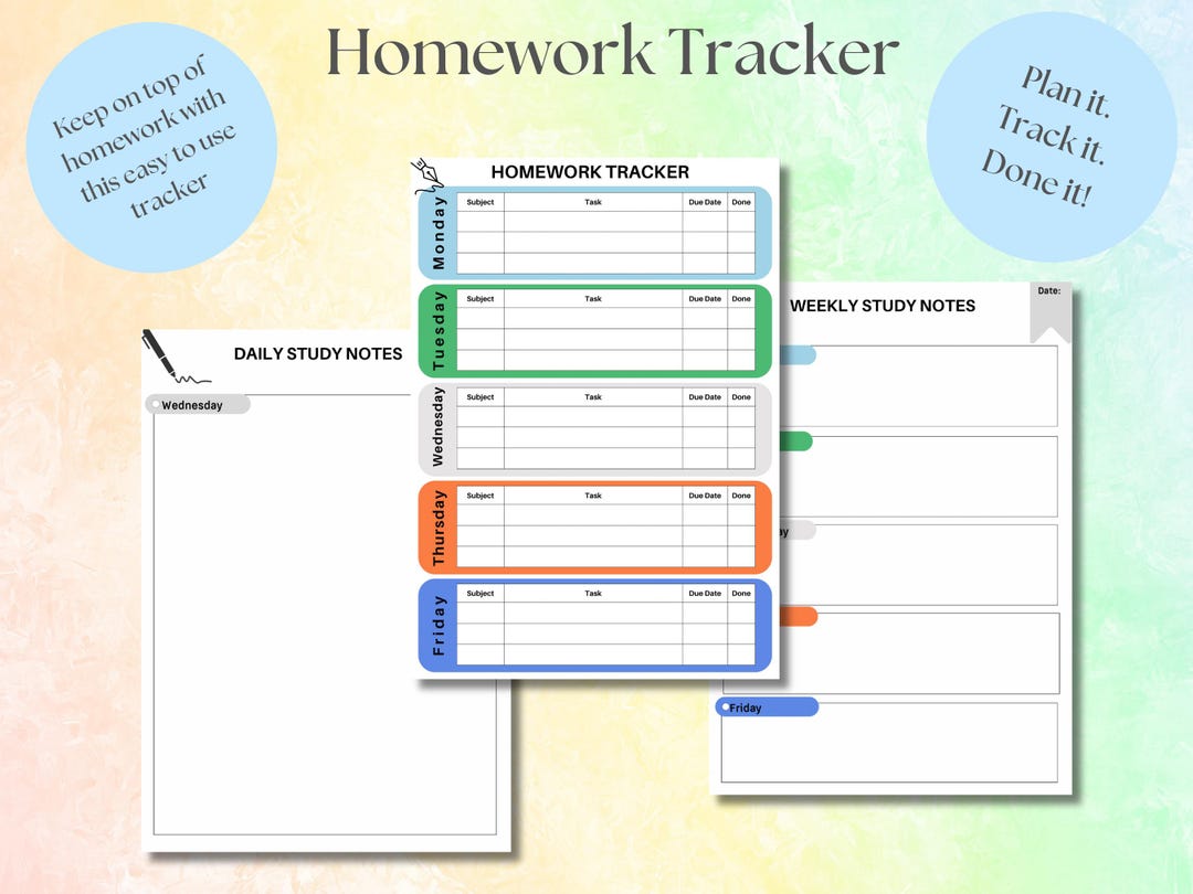 Homework Tracker Printable - Daily Notes - PDF File - Digital Printable ...