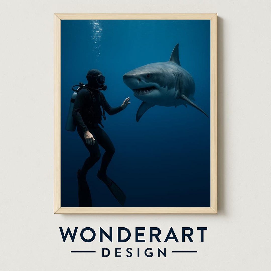 Diver and Great White Shark Wall Art, Underwater Ocean Encounter ...