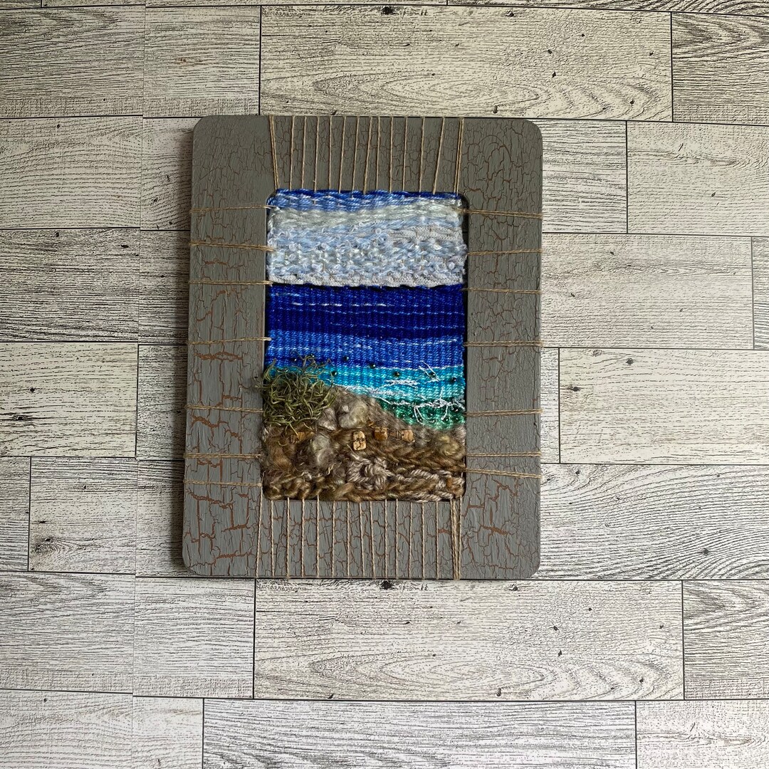 Beach Woven Tapestry in Weathered Frame for Wall or Shelf, Coastline ...