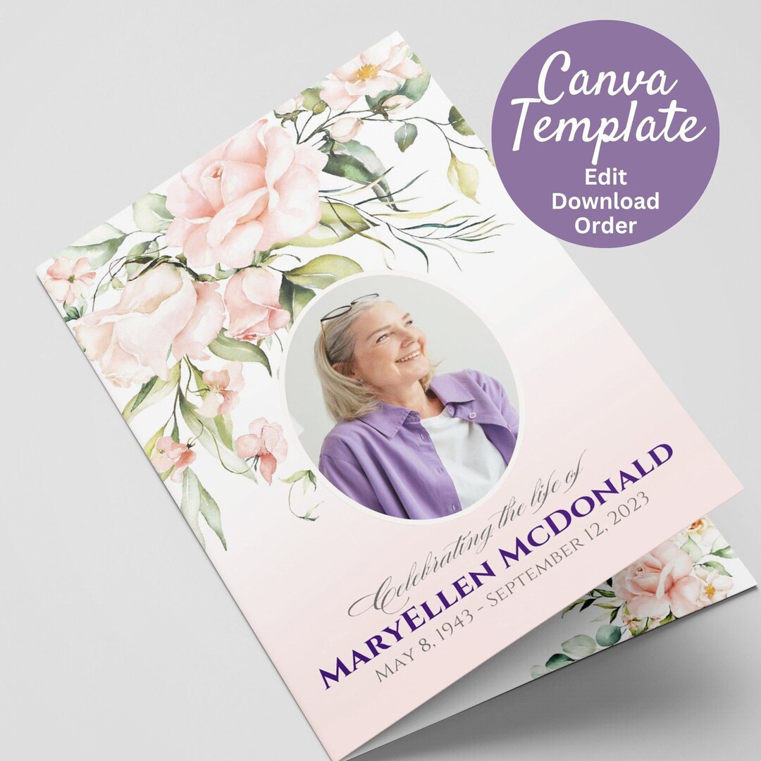 Pink & White Floral Funeral Program for Woman Editable Canva Template ...