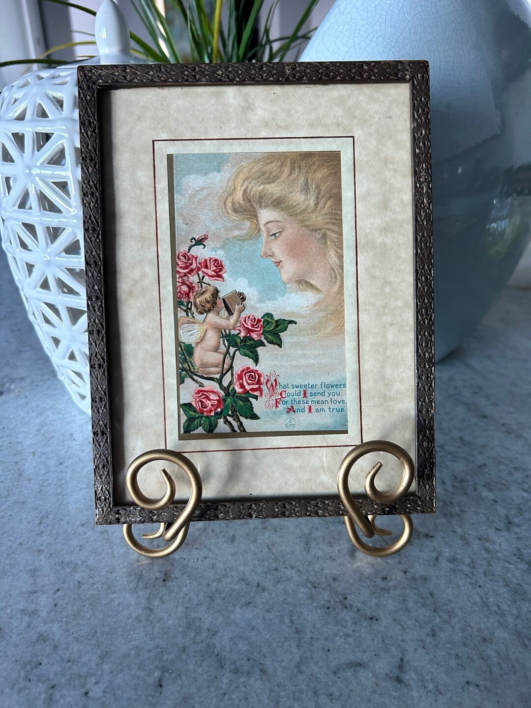 Framed Vintage Postcard Romantic Cherub Roses Goddess in Clouds 1950's ...