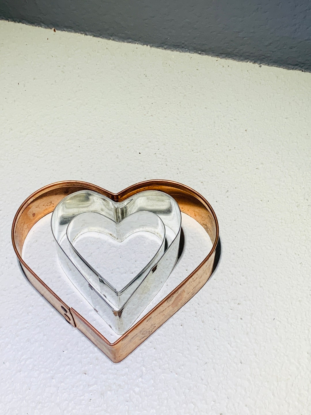 Three Heart Shaped Cookie or Cake Cutters Large Copper Two Small Tin ...