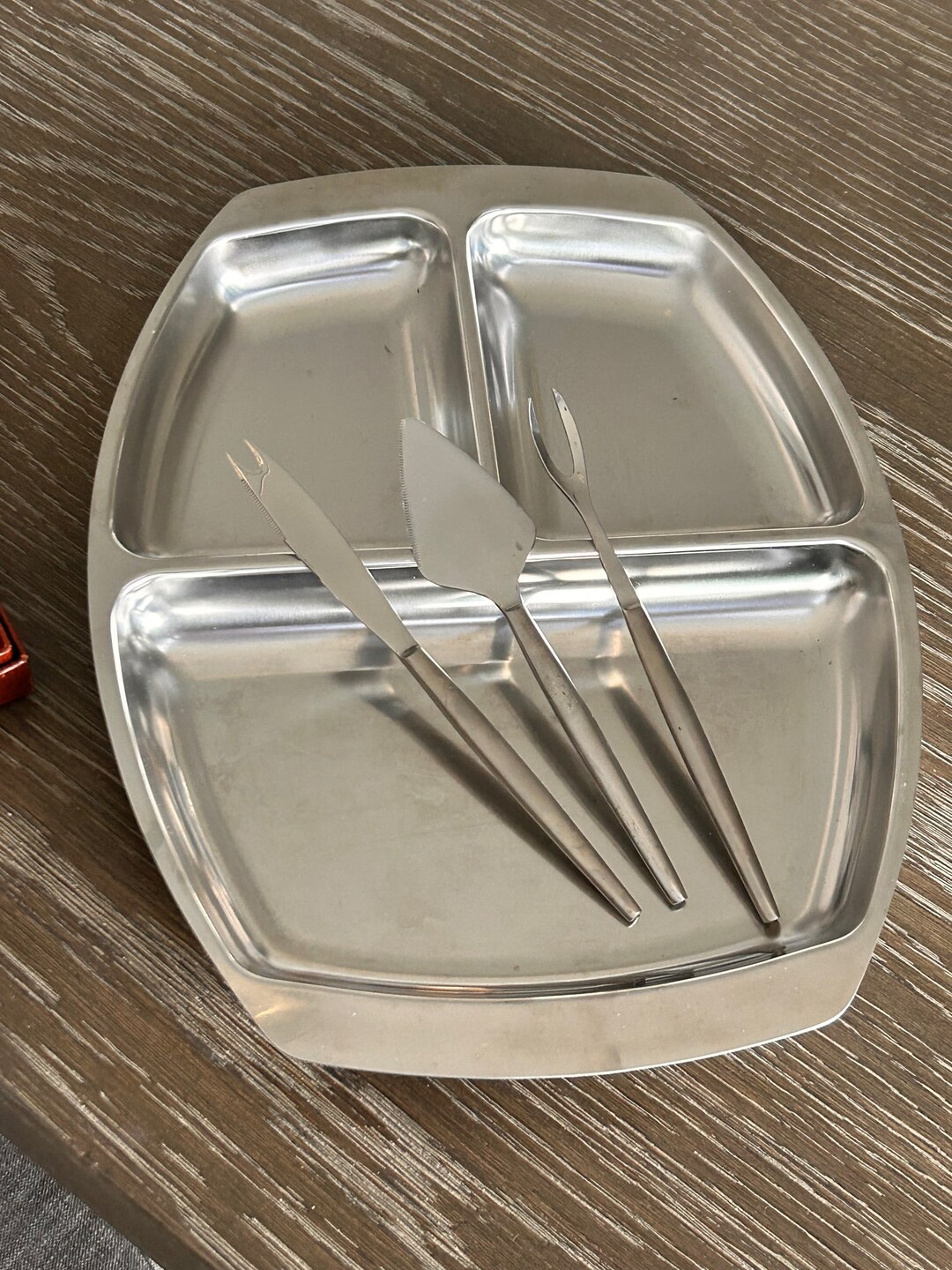 Mid Century Modern Stainless Steel Three Section Serving Snack Tray AND ...