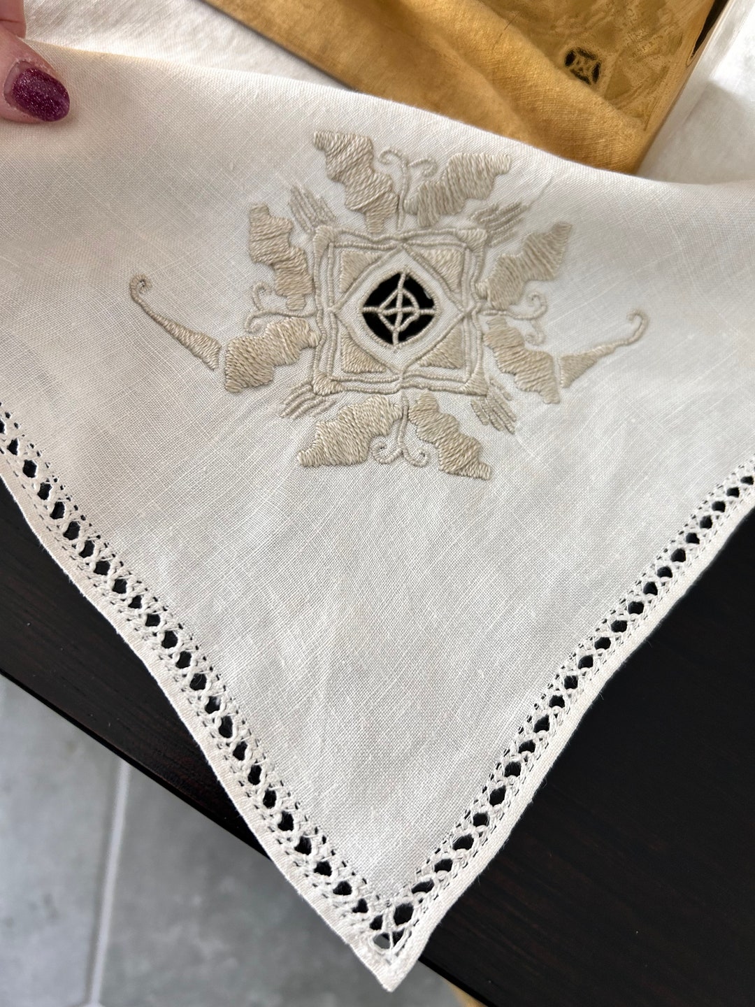 Natural Linen Table Cloth and 4 Napkins Drawn Thread and Embroider ...