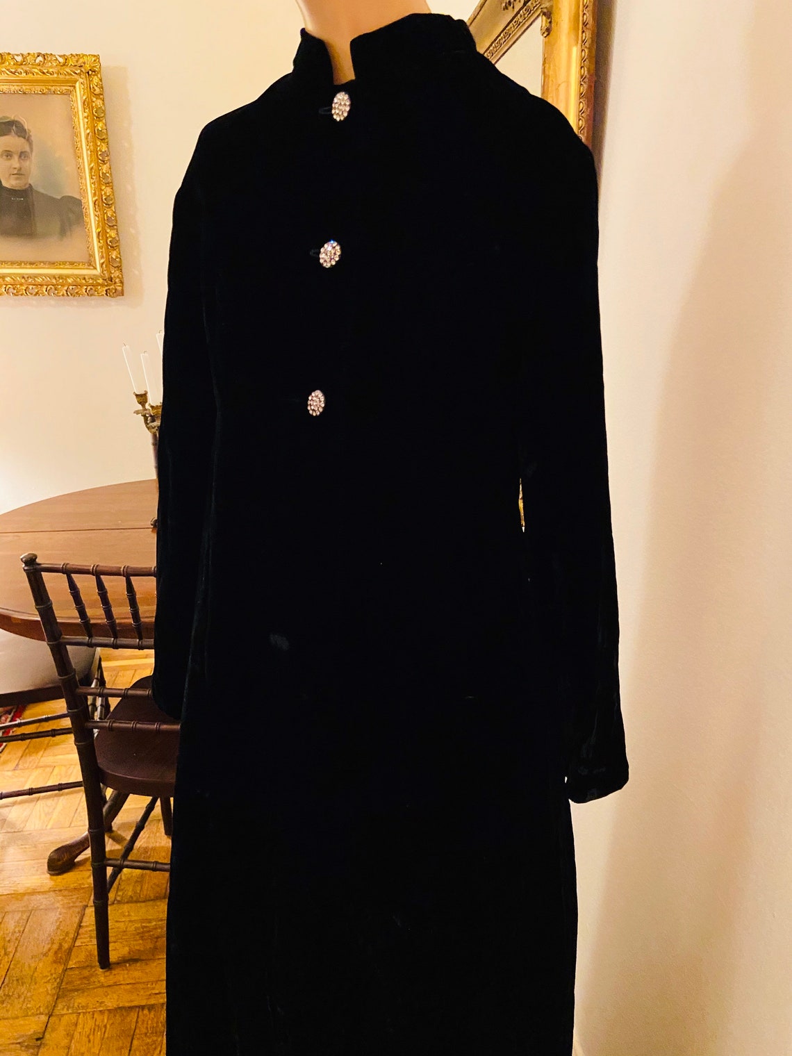 60s Long Black Velvet Theater/opera Coat With Rhinestone Buttons Small ...