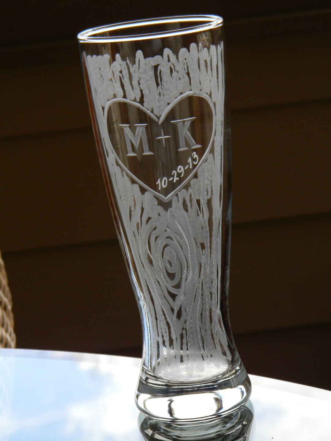One Single Rustic Personalized Pilsner Glass With Carved Tree, Heart ...