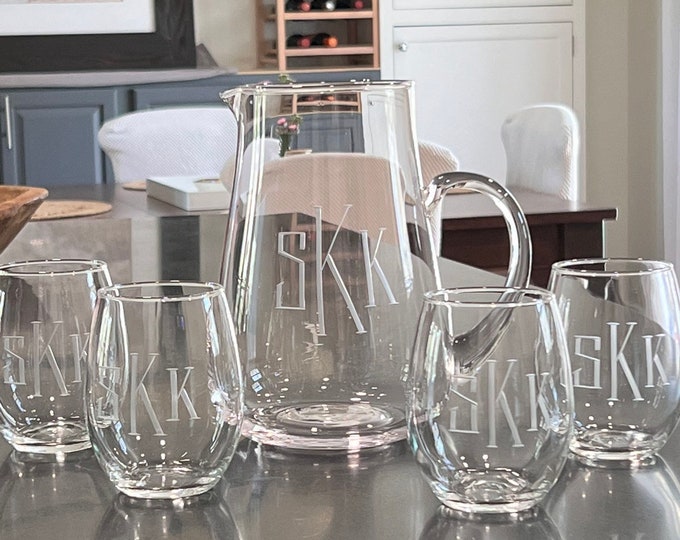 5 Pc Hand Engraved Glass Pitcher Set With Custom Monogram - Etsy
