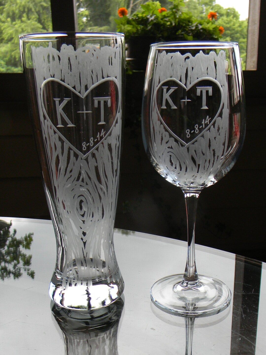 Mix and Match Wine and Pilsner Set With Carved Tree and Custom Initials ...