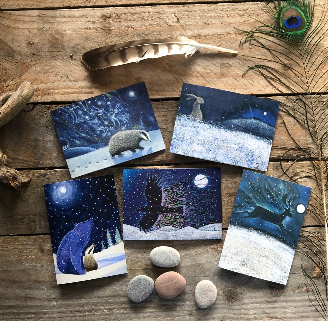 Winter Animal Greetings Card Set: Bear, Badger, Hare, Crow, Stag (A6 ...