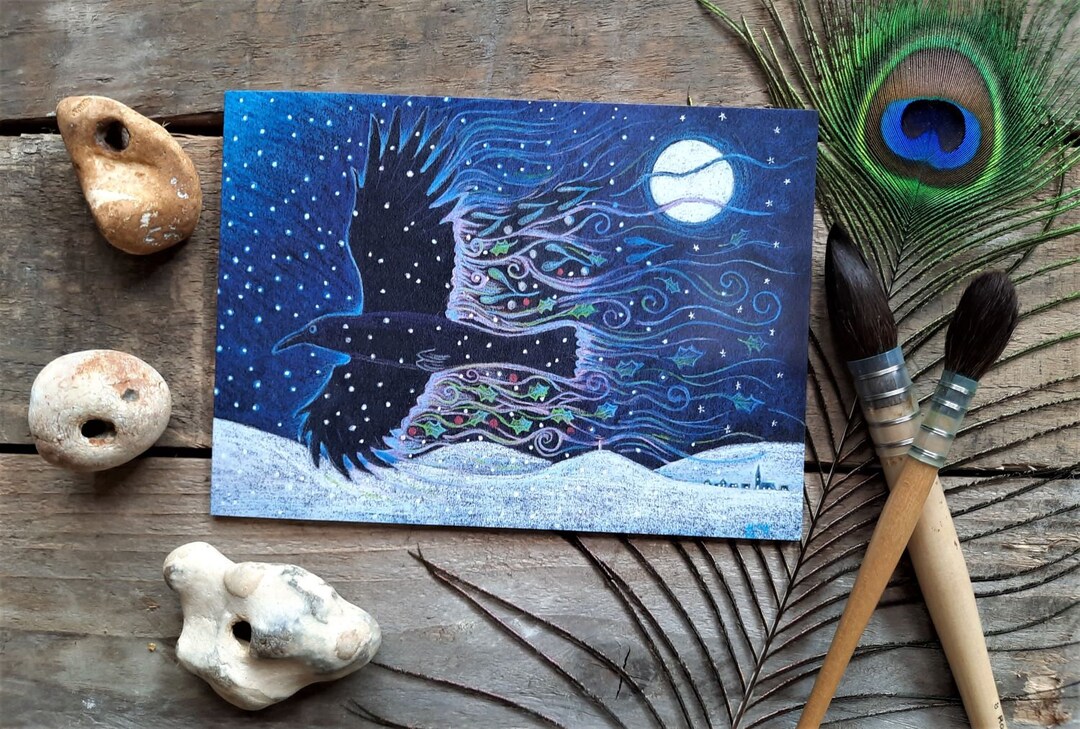 Yule Crow Greetings Card by Hannah Willow Crow Flying Through the Snow ...