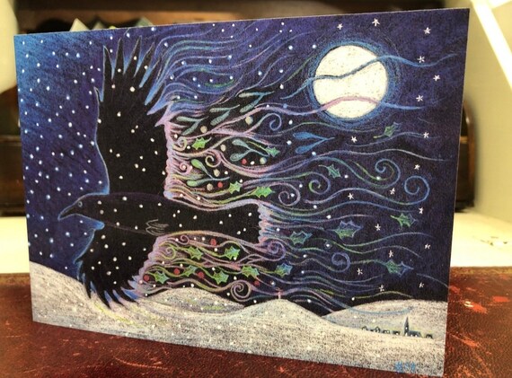 Yule Crow Greetings Card by Hannah Willow Crow flying through | Etsy