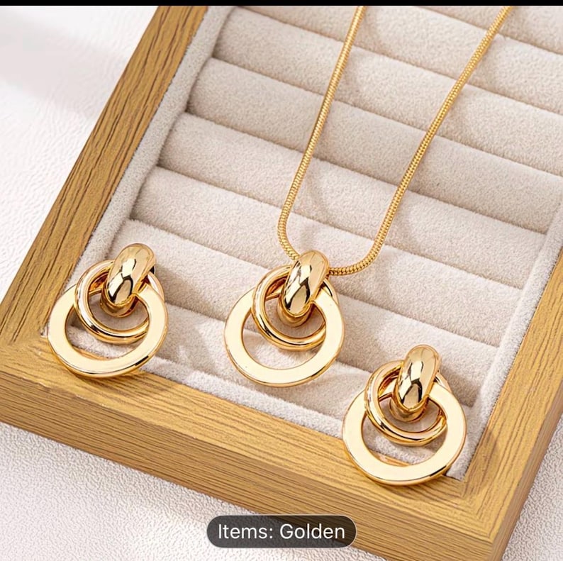 Gold Circle Jewelry Set, Stainless Steel Necklace & Earrings, Geometric ...