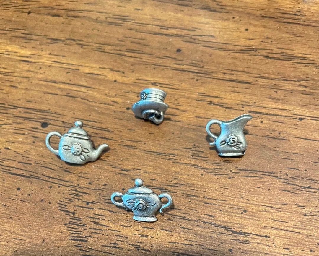 Set of FOUR Realistic Pewter TEA PARTY Buttons - Teapot, Teacup ...