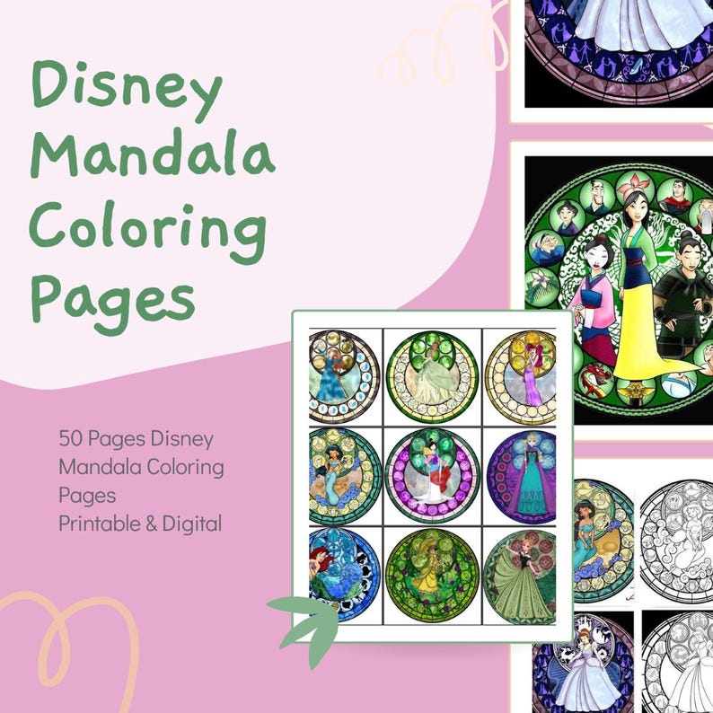50 Disney Mandala Coloring Pages - Princess & Character Bundle ...