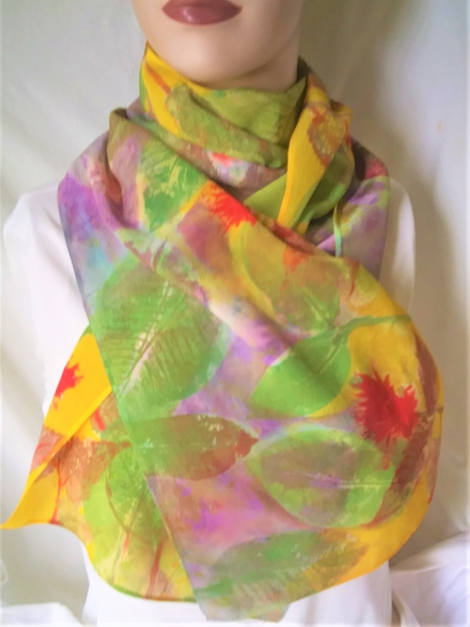 Silk Scarf Hand Painted Unique Milkweed Beebalm Bees Butterfies Garden ...