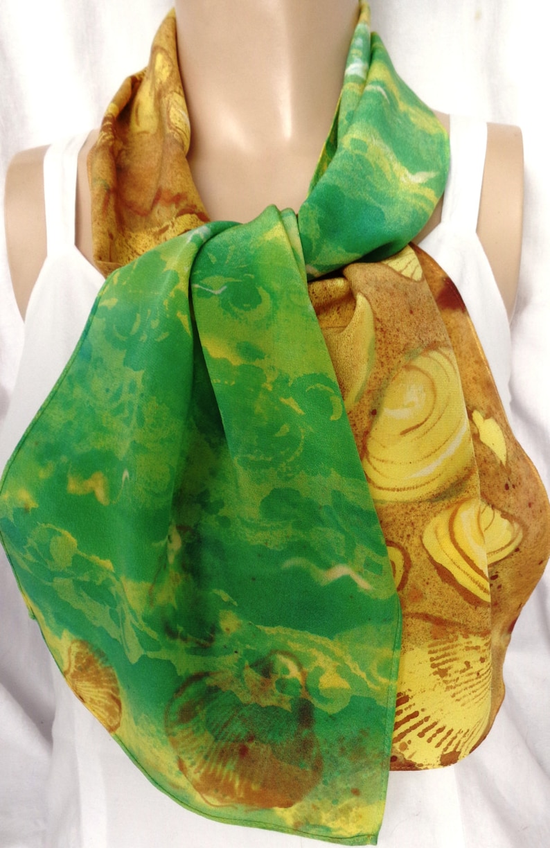 Silk Scarf Crepe Beach Shells Unique Hand Painted Long Gold Green Ocean ...