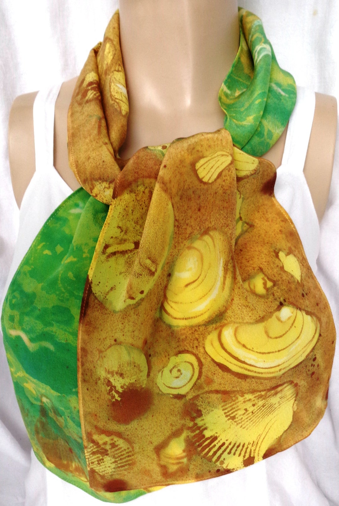 Silk Scarf Crepe Beach Shells Unique Hand Painted Long Gold Green Ocean ...