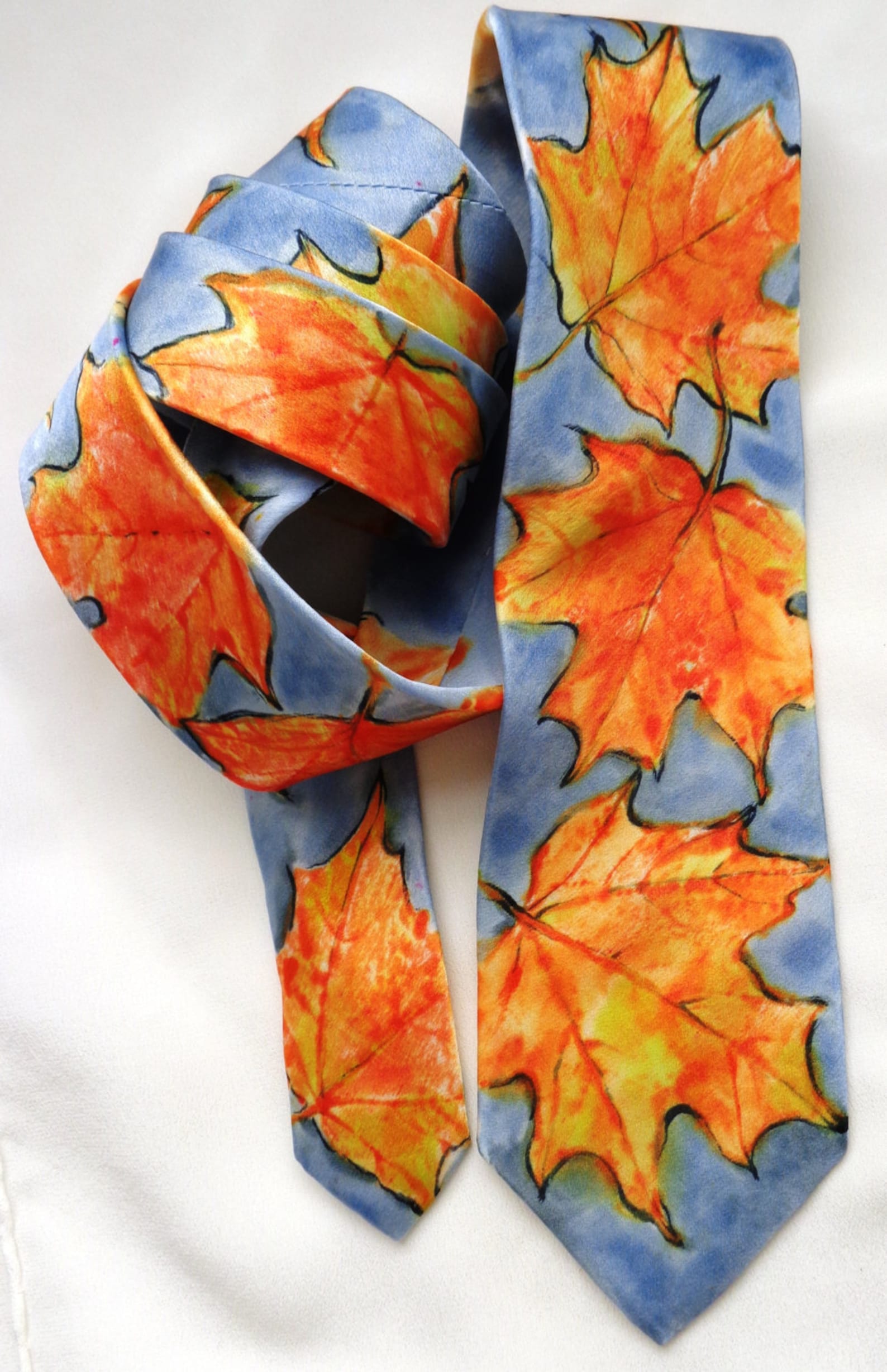 Silk Necktie Unique Luxury Hand Painted Maple Leaf Orange Blue - Etsy