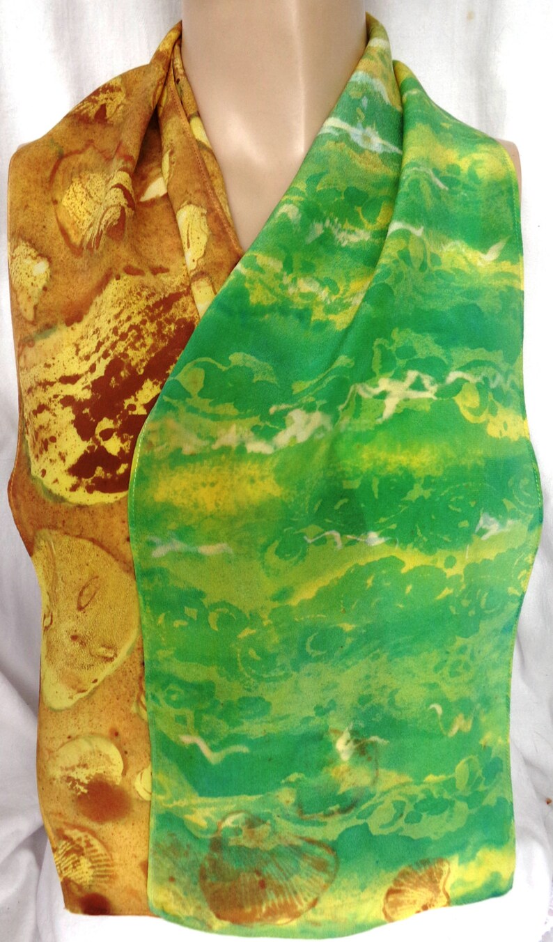 Silk Scarf Crepe Beach Shells Unique Hand Painted Long Gold Green Ocean ...