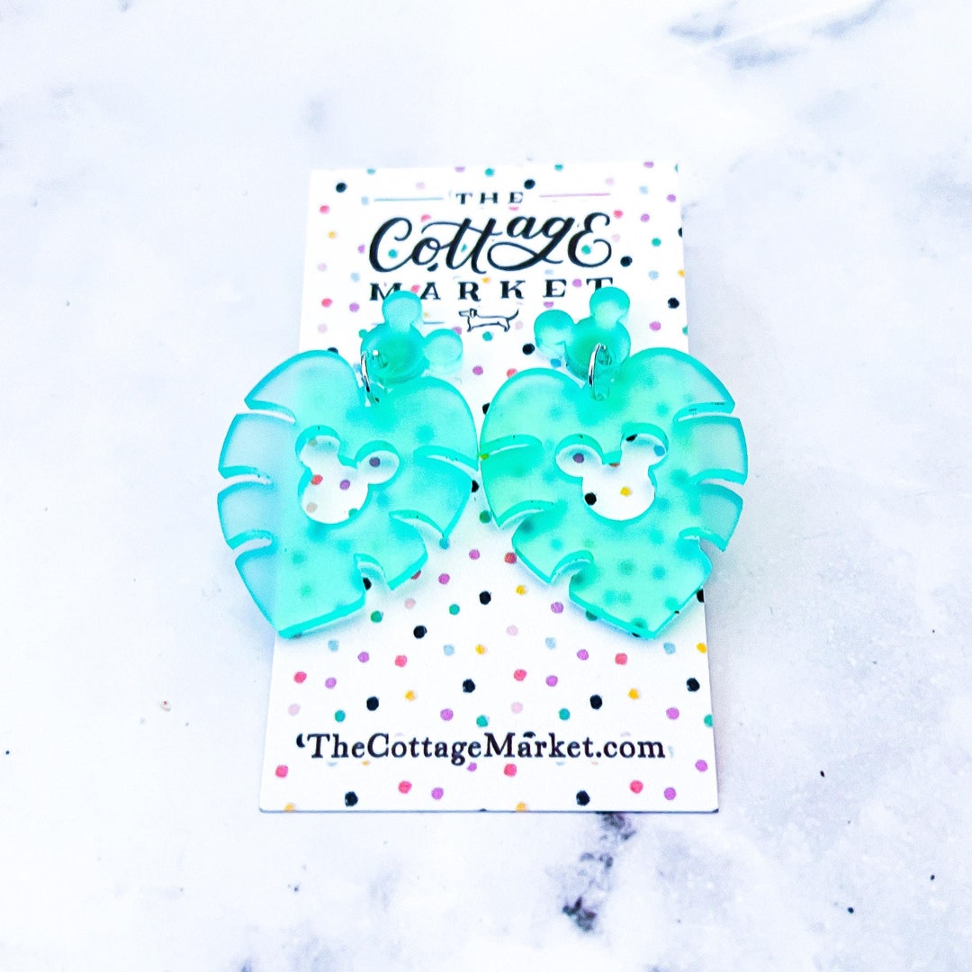 Monstera Leaf Mouse Head Dangle Earrings - Frosted Green Acrylic ...