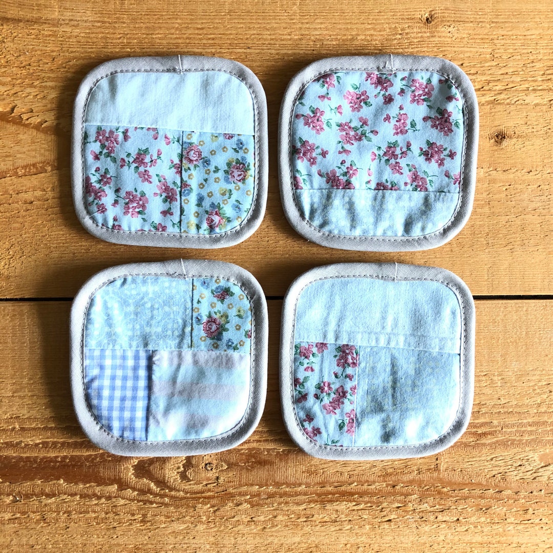 Patchwork Coasters Blue Grey Floral Square Cotton Coasters - Etsy