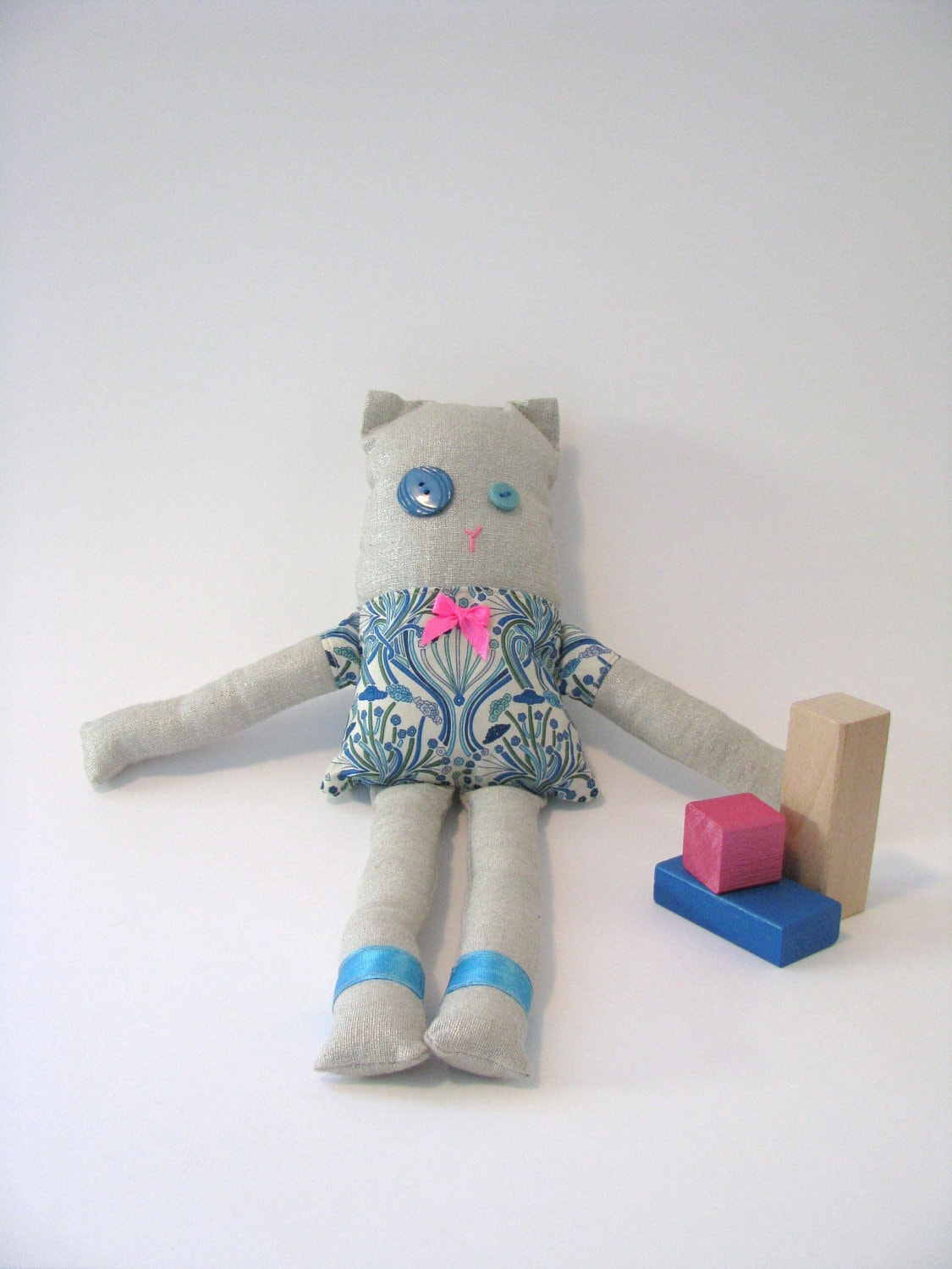 Blue Stuffed Cat Floral Stuffed Animal Blue Cat Doll Handmade Fabric ...