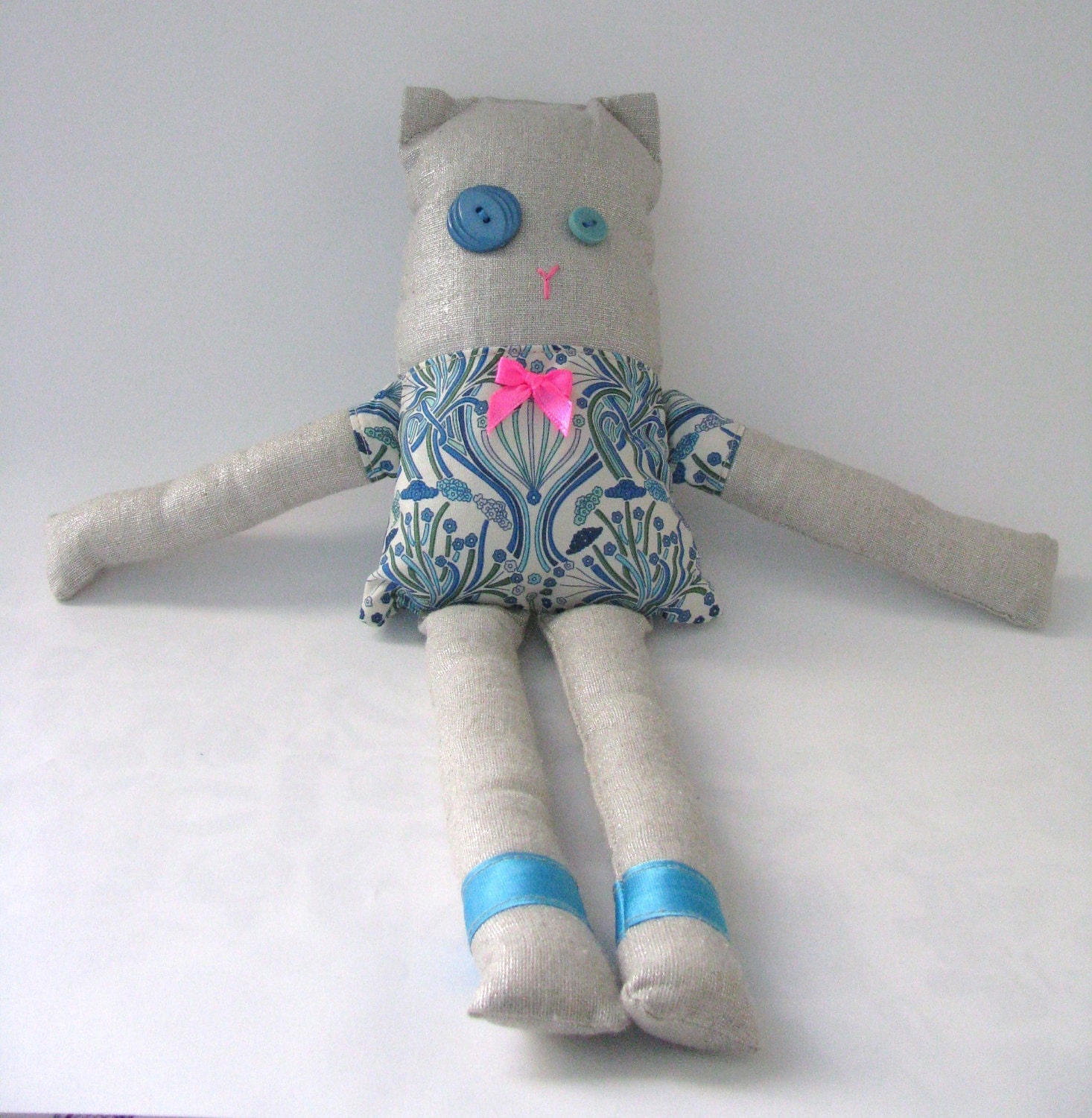 Blue Stuffed Cat Floral Stuffed Animal Blue Cat Doll Handmade Fabric ...