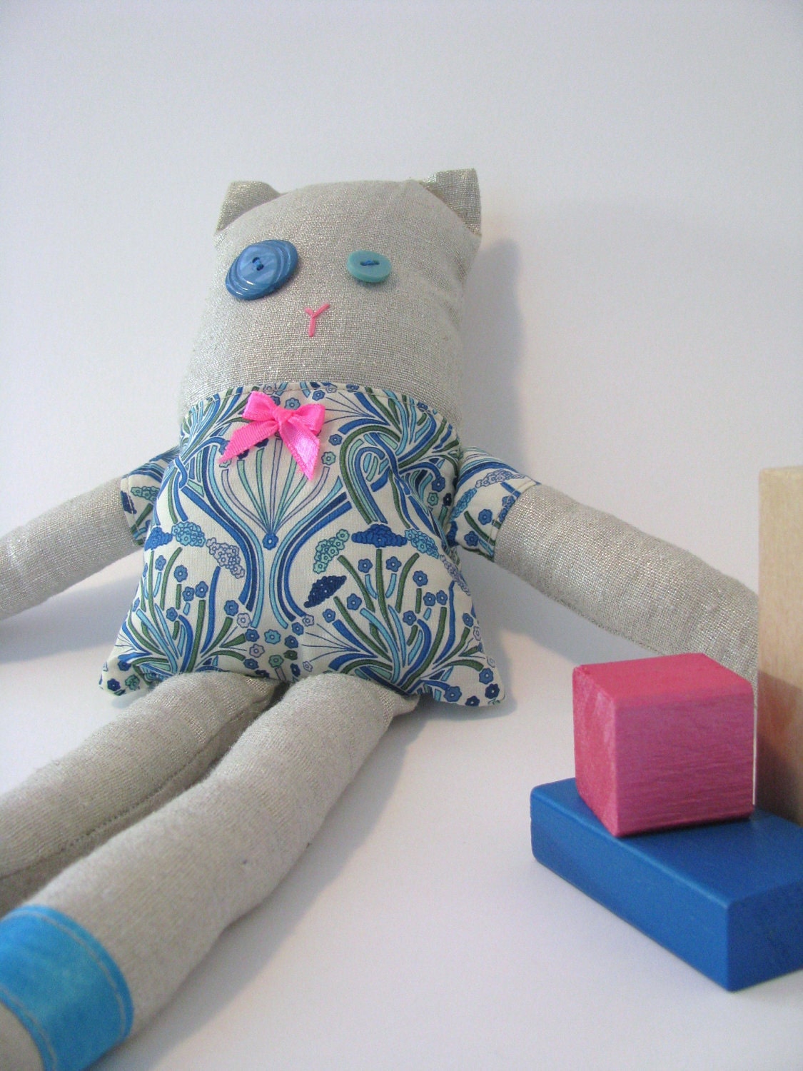 Blue Stuffed Cat Floral Stuffed Animal Blue Cat Doll Handmade Fabric ...