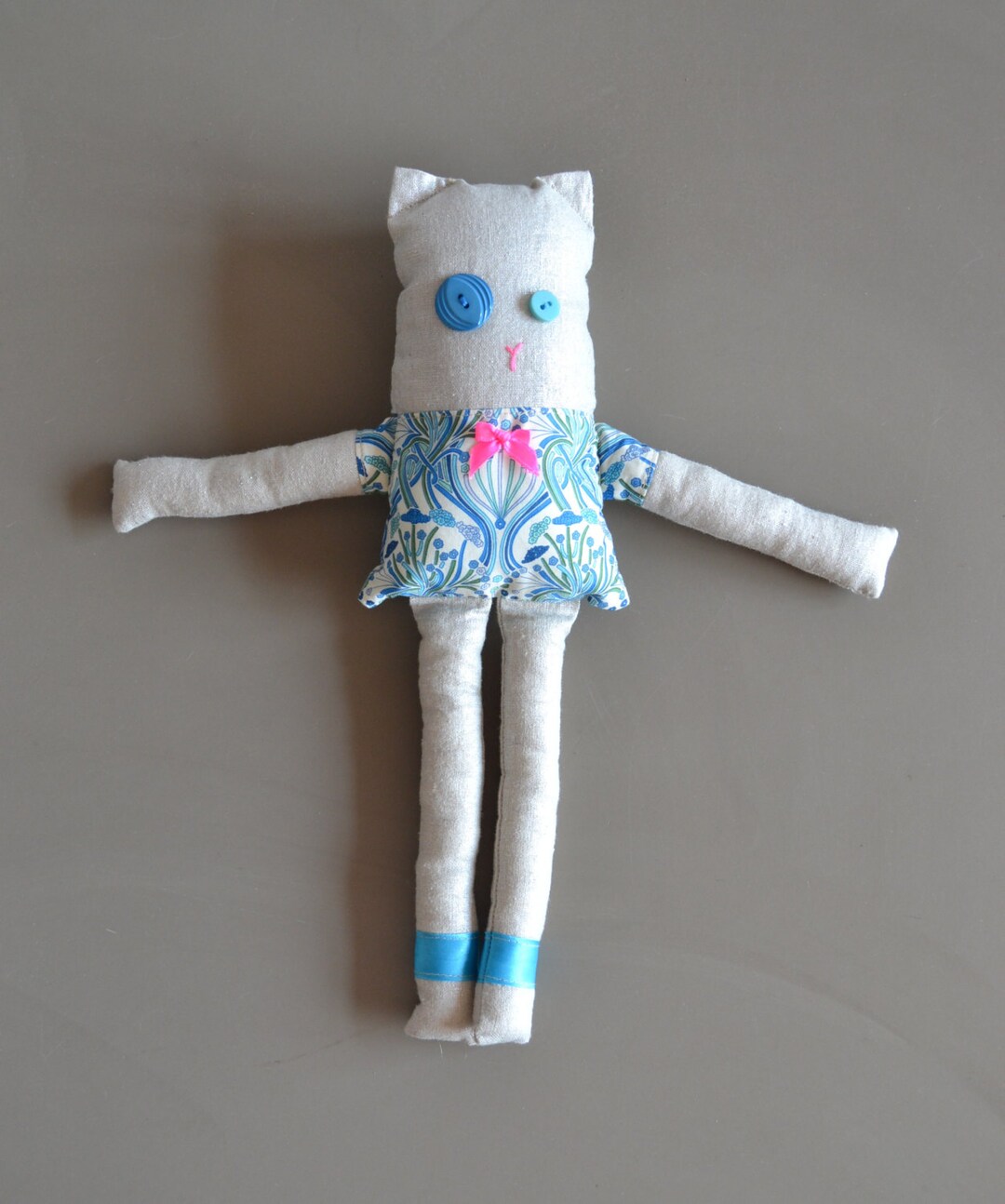 Blue Stuffed Cat Floral Stuffed Animal Blue Cat Doll Handmade Fabric ...