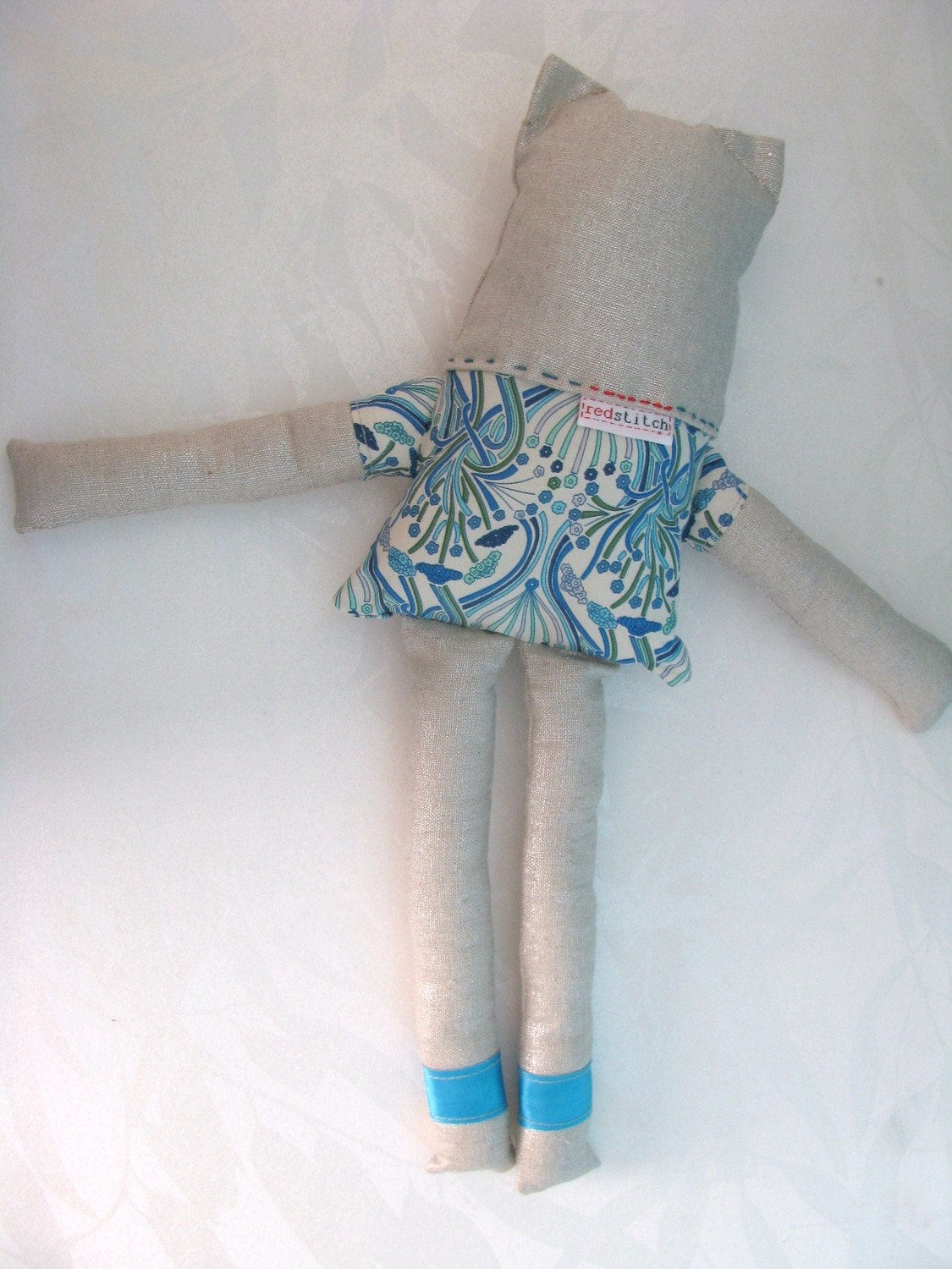 Blue Stuffed Cat Floral Stuffed Animal Blue Cat Doll Handmade Fabric ...