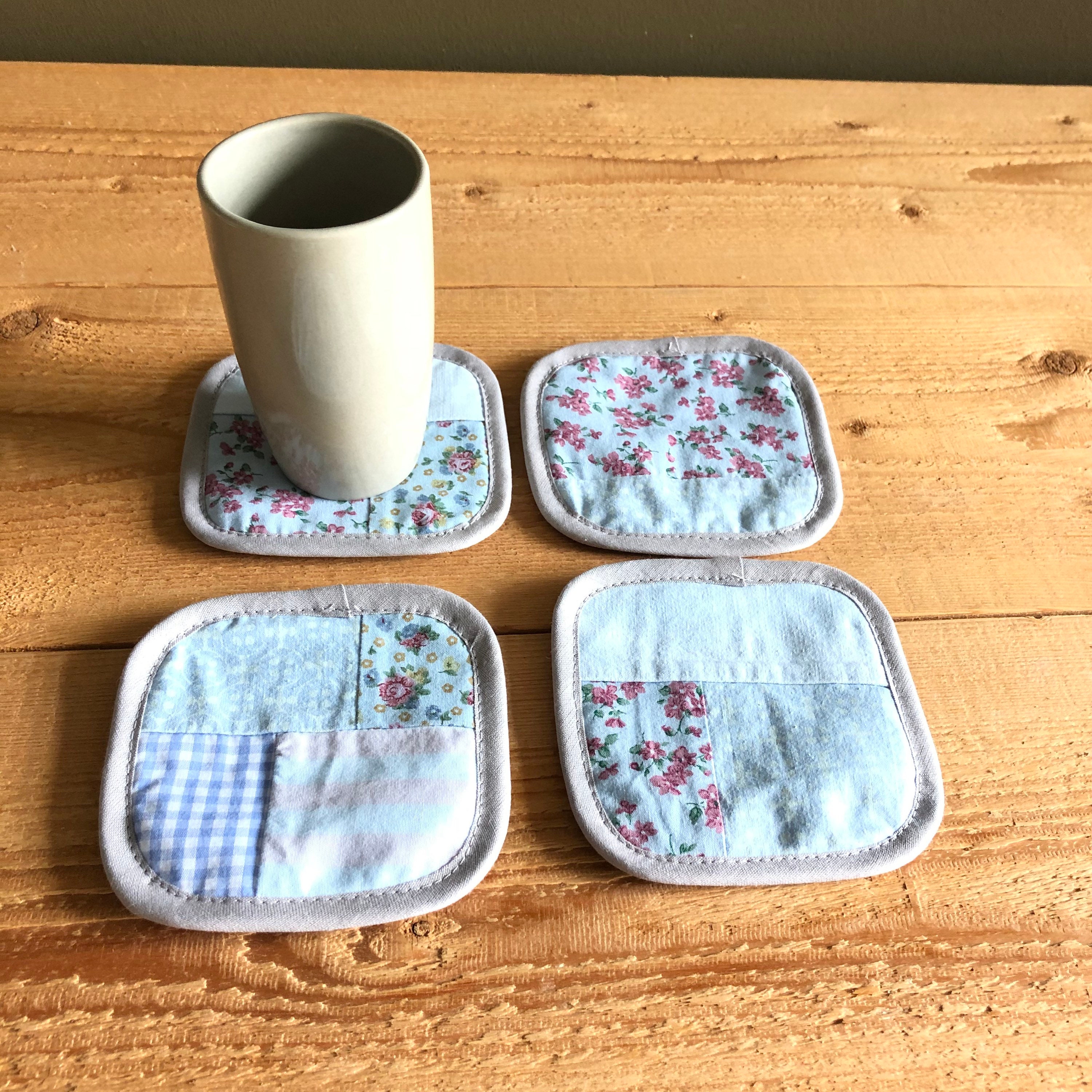 Patchwork coasters blue grey floral square cotton coasters | Etsy