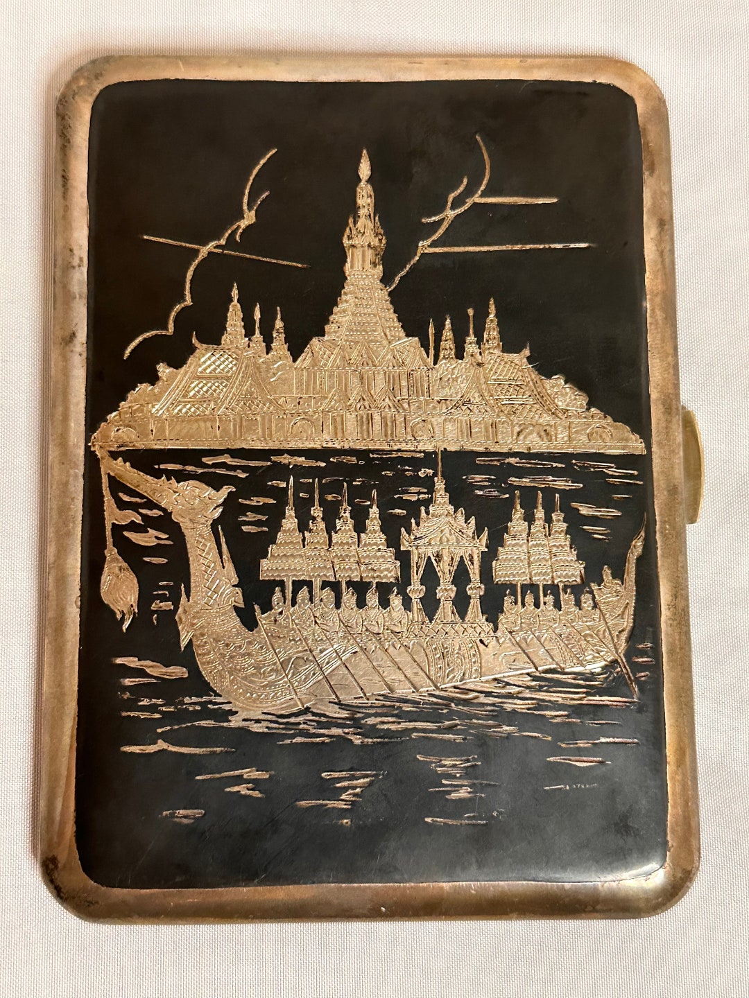 Vintage Siam Sterling Silver Niello Cigarette Case With Dragon Boat 157 ...