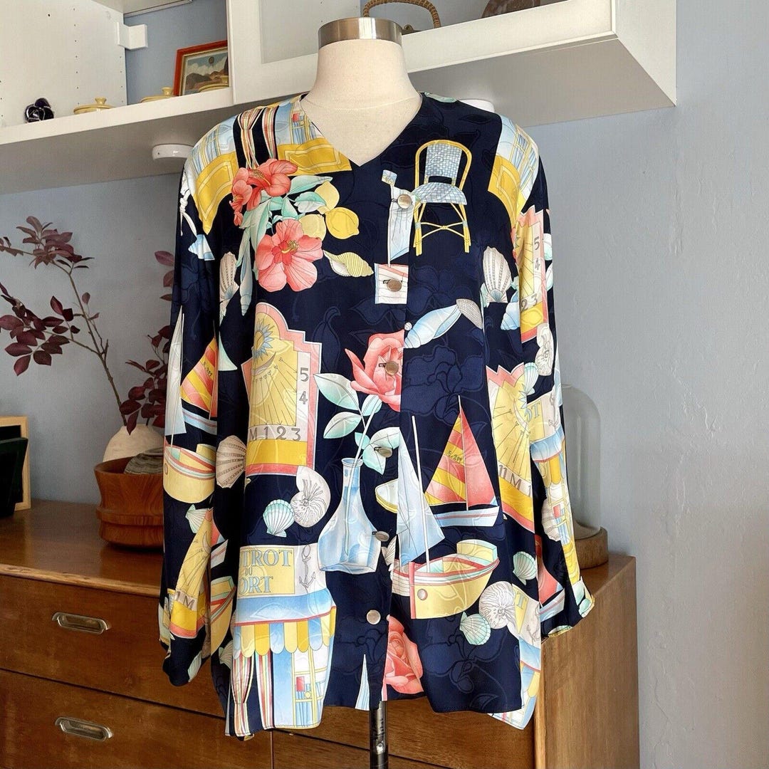 Vintage Leonard Paris Silk Button-up Blouse Shirt Floral Parisian Print ...