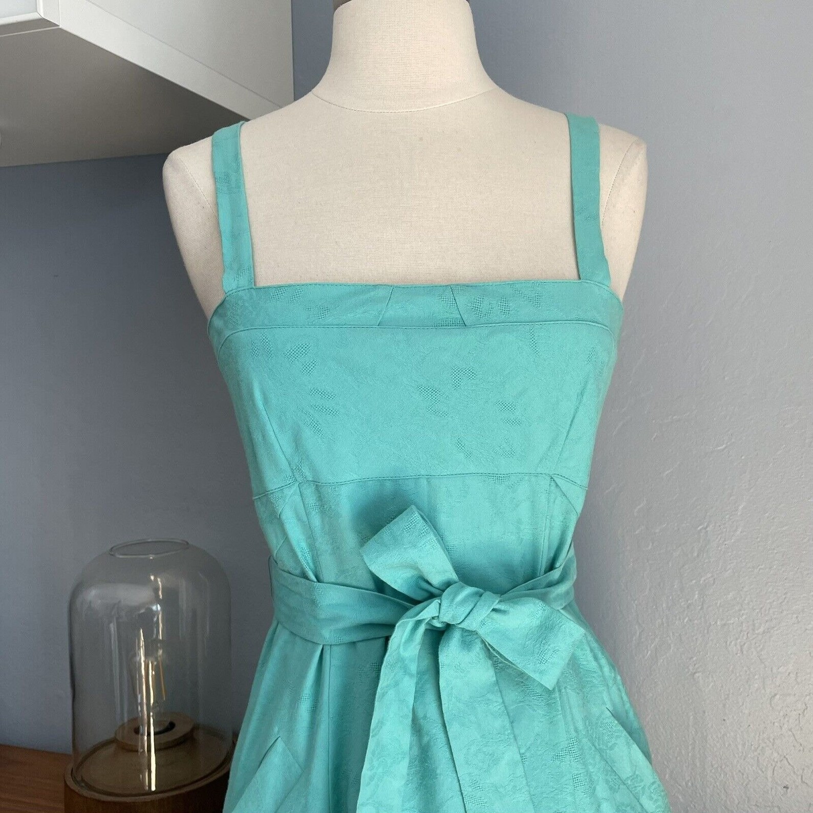 Kenzo Y2K Teal Jacquard A-line Flare Dress Sz 36 Belted Cotton Floral ...