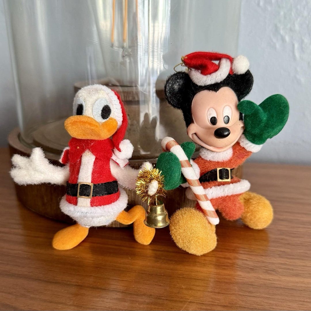 Vintage Walt Disney Flocked Mickey Mouse & Donald Duck Christmas ...