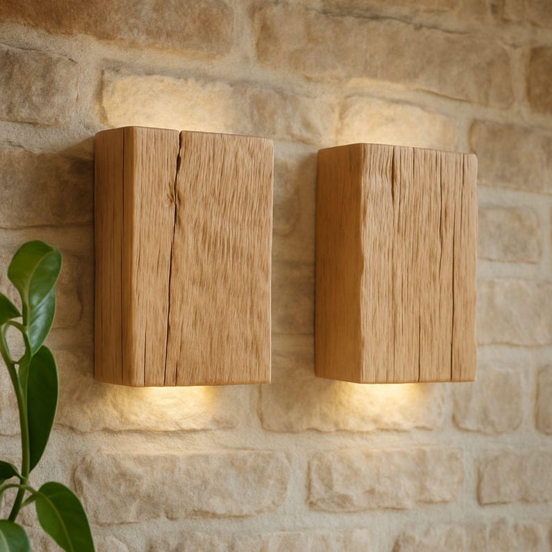 Handmade Reclaimed Oak Wood Wall Sconce: Rustic Farmhouse Plug-in Light ...