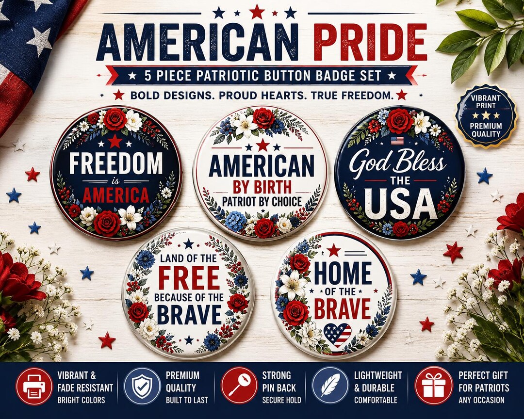 Patriotic Floral Pin Button, Freedom America, Land of the Free, Home of ...