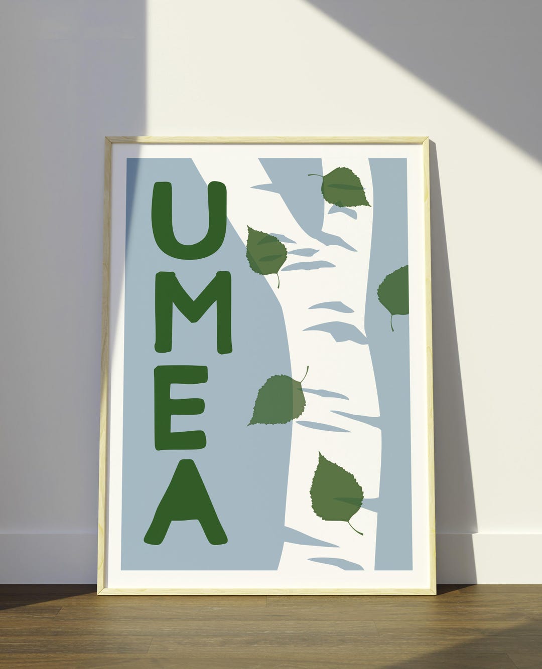 Umeå Poster – Ice Blue & Forest Green Wall Art With Birch Tree – City ...