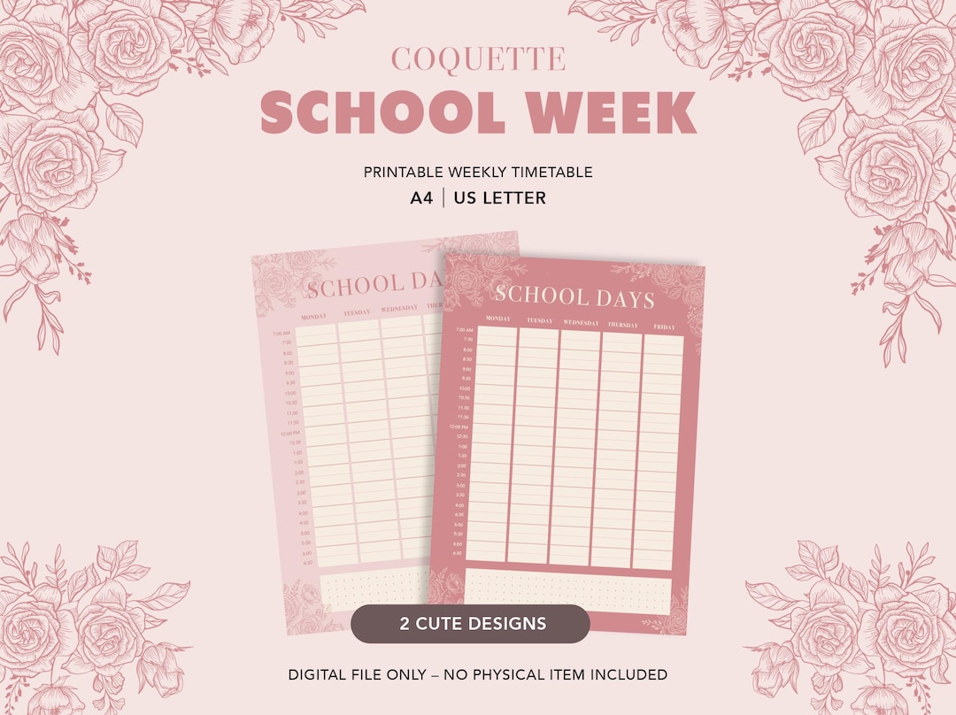 Coquette Weekly Timetable – Pink Rose Romantic Printable Schedule | A4 ...