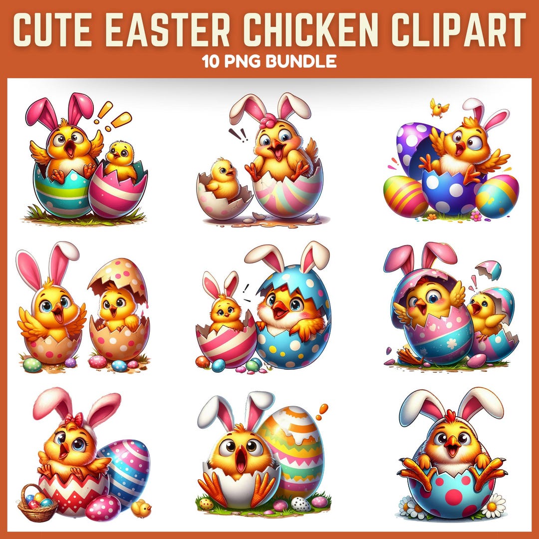 Cute Easter Chicken Clipart | 10 PNG Bundle | Bunny Hat Chick | Easter ...