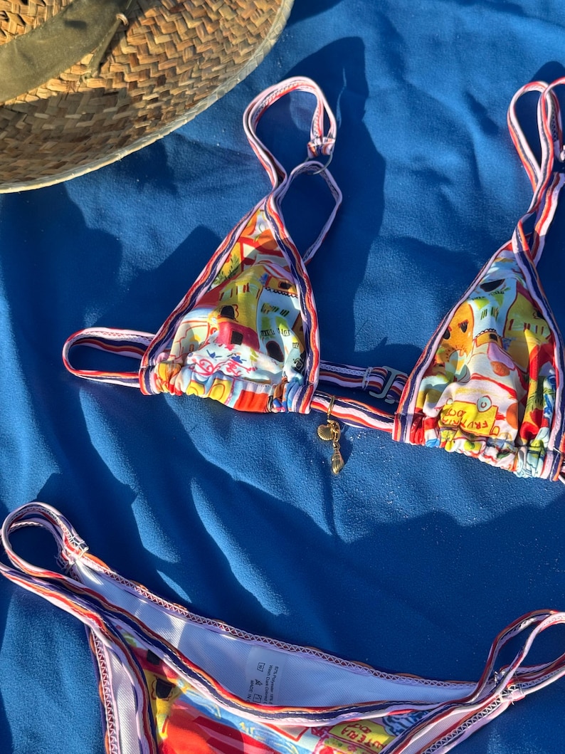 Colorful Retro Bikini Set | Gold Charm | Ethnic Swimsuit | Triangle Top ...