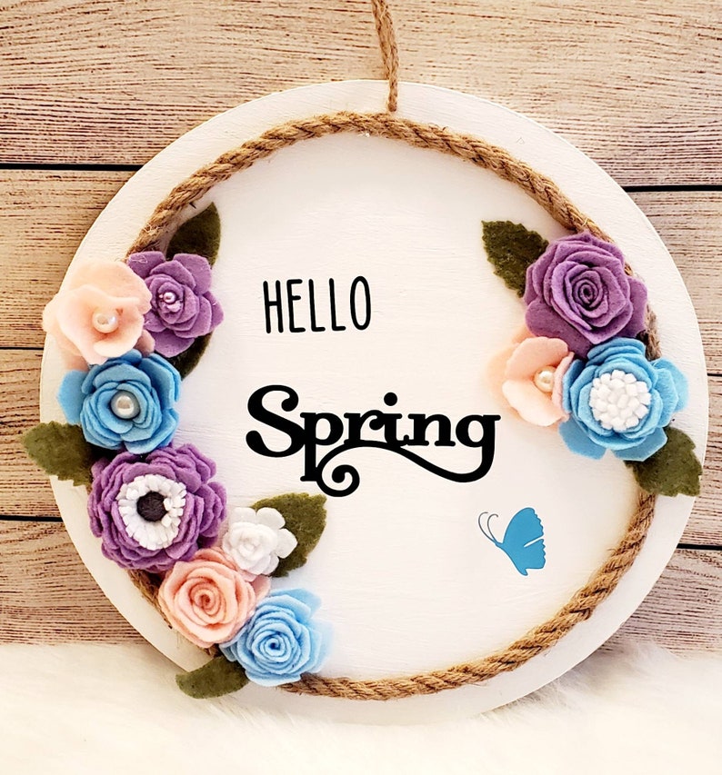 Hello Spring Round Sign Pastel Felt Flowers in Pink Lavender and Blue ...