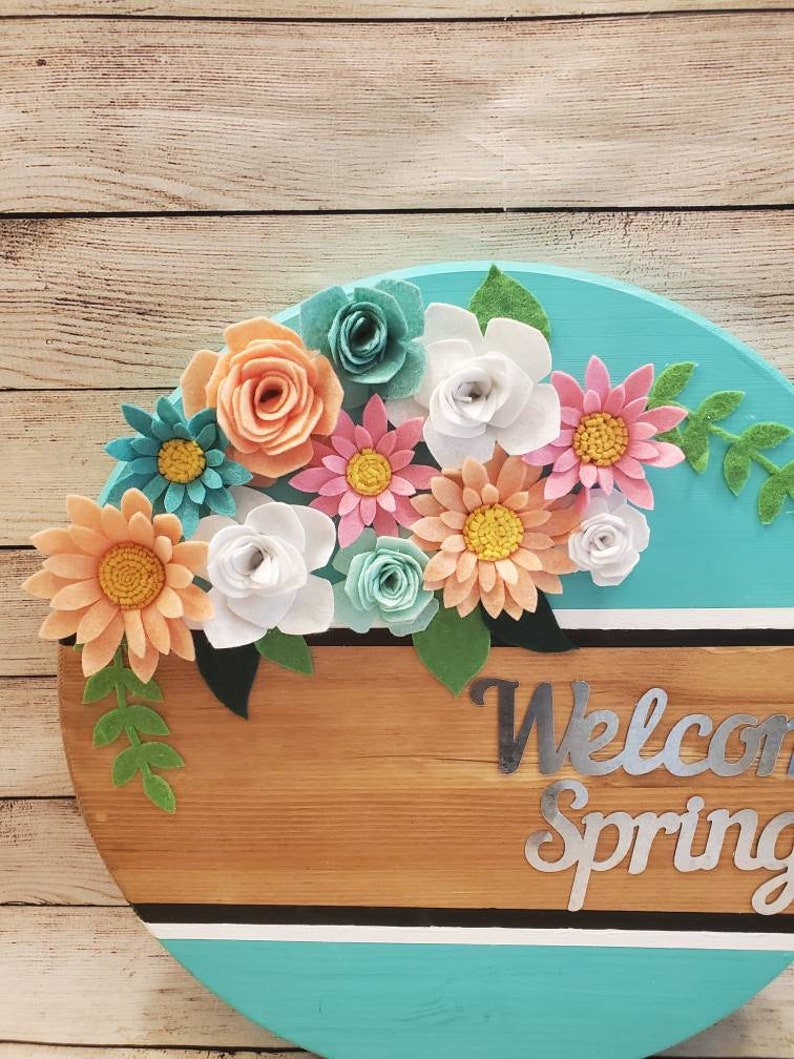 Round Wood Sign Felt Flowers Hello Spring in Metal Wall Decor Wood Sign ...
