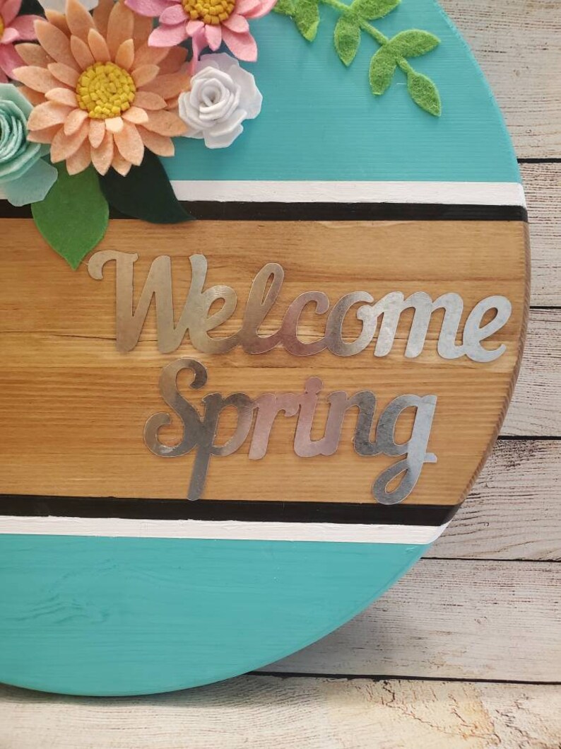 Round Wood Sign Felt Flowers Hello Spring in Metal Wall Decor Wood Sign ...